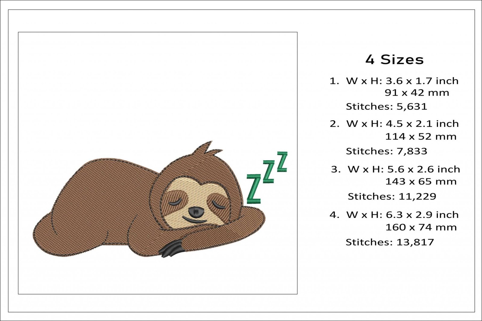 Sleeping Sloth Embroidery Design
