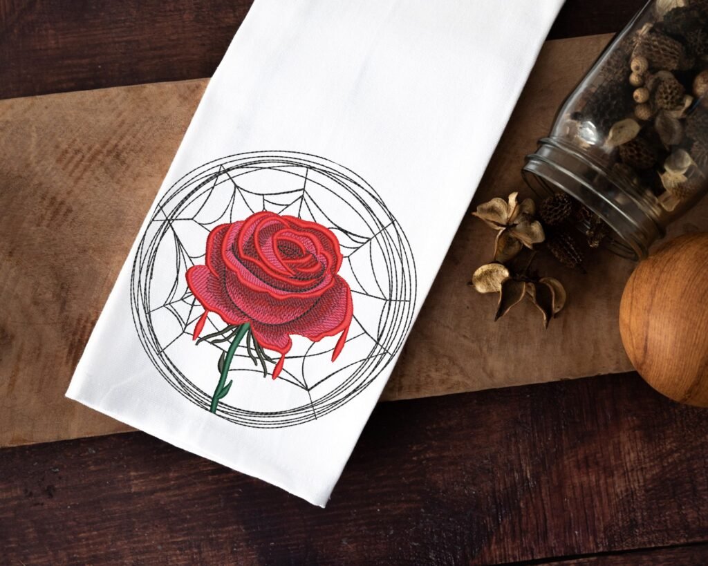 Rose in a Spider’s Web Embroidery – Red Rose Design